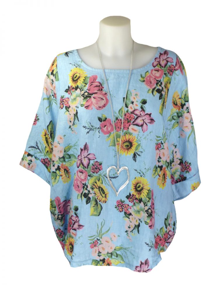 Giuliana Blue Floral Italian Linen Summer Top
