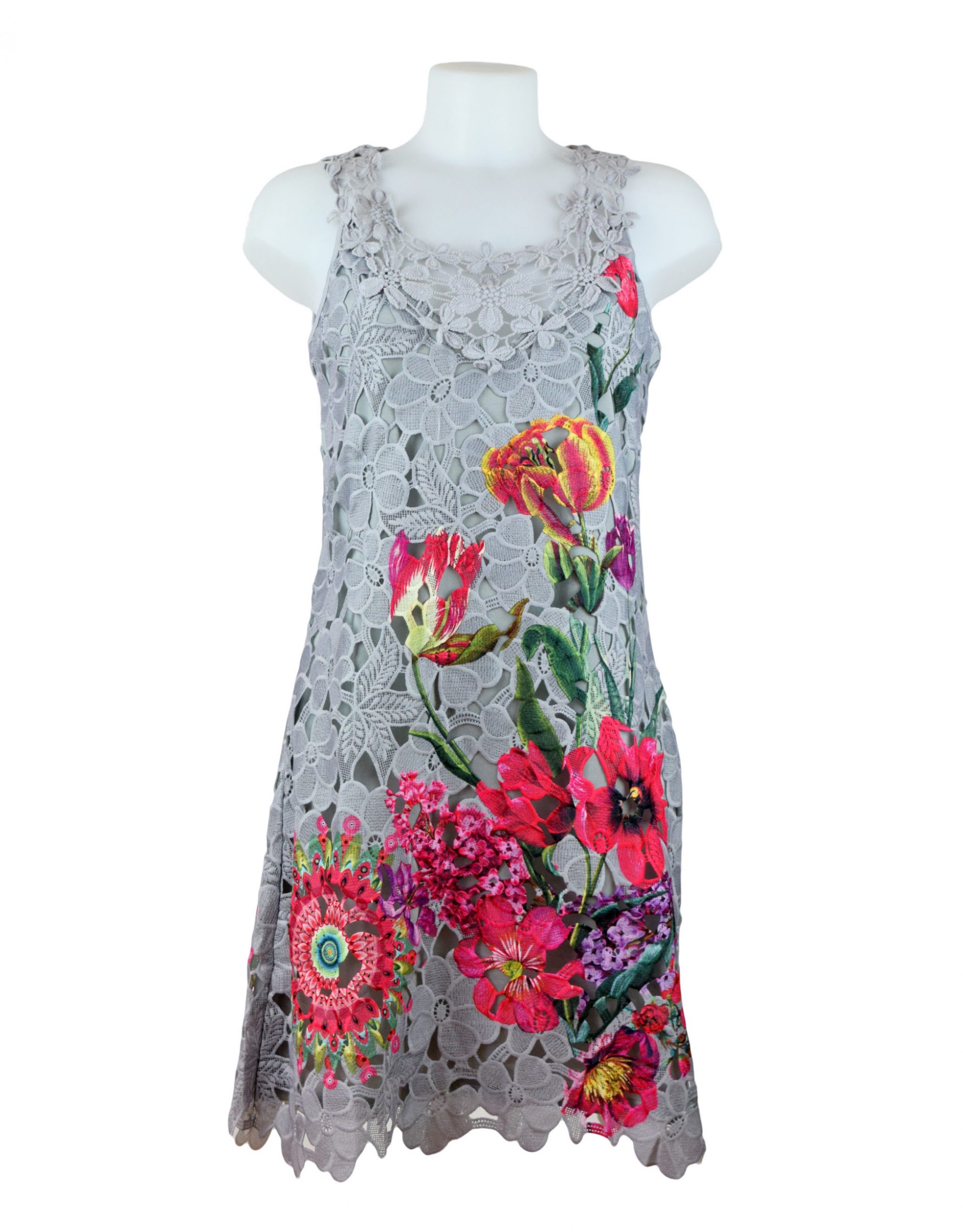 101 Idees Grey Lace Pink Floral Dress - Fashion Fix Online