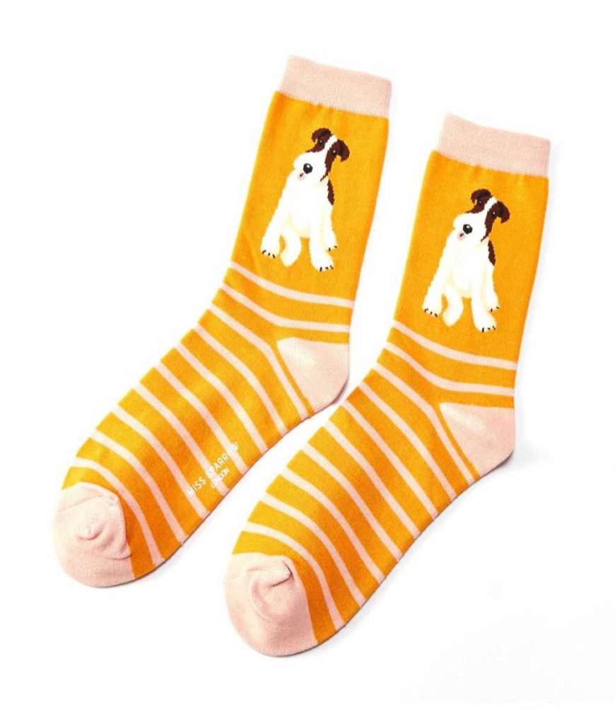 Miss Sparrow Fox Terrier Striped Mustard Socks - Fashion Fix Online